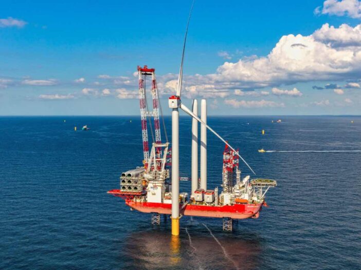 First turbine goes up at “super-hybrid” offshore wind project, with floating solar and battery ...